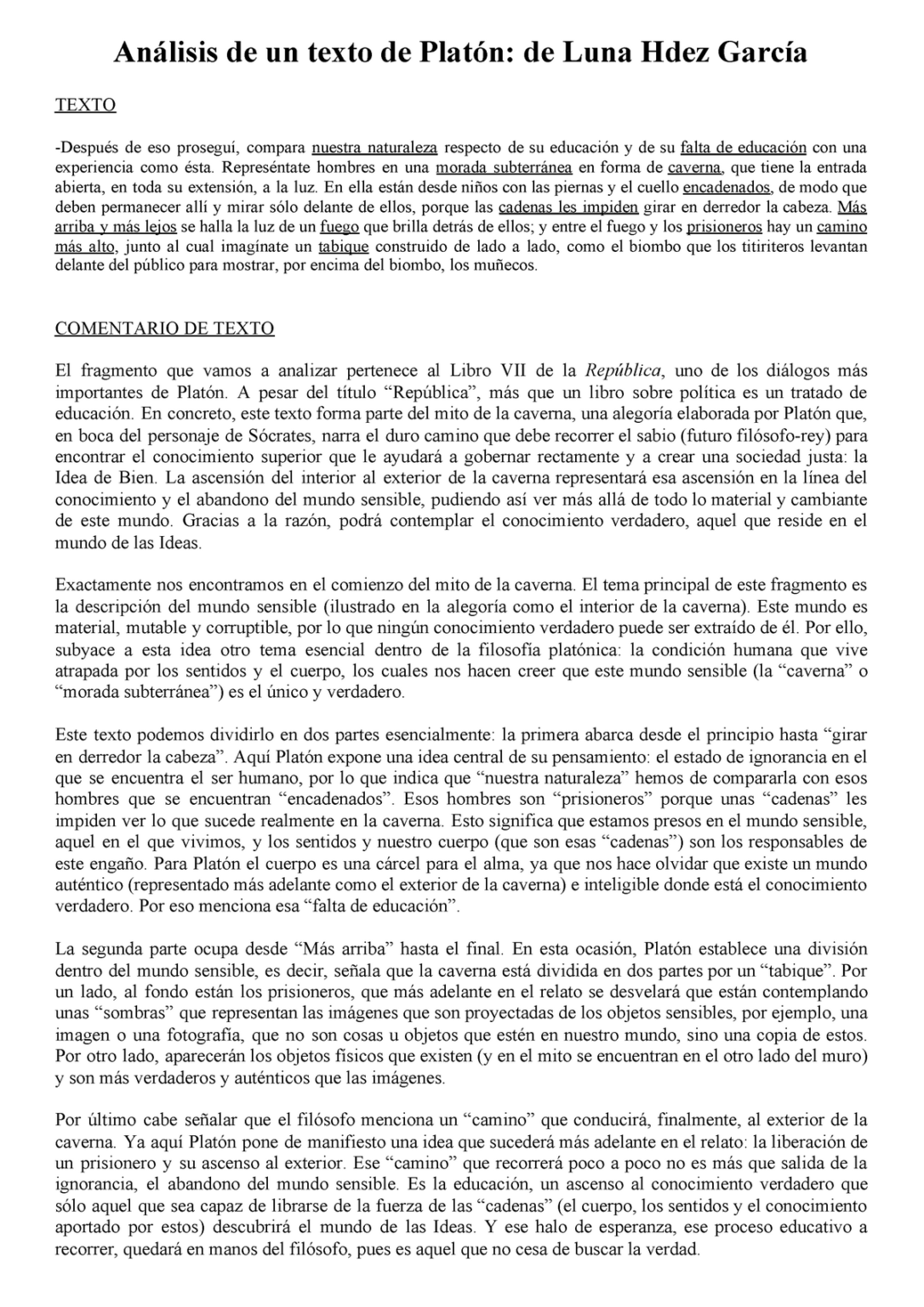 Comentario de texto platón resuelto mito de la caverna